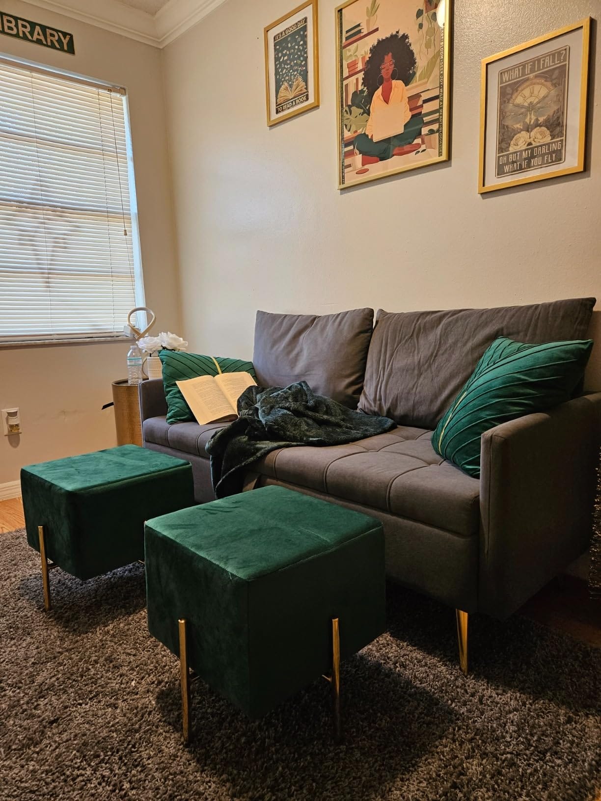 Luxury Emerald Green Velvet Pouf Ottoman Set of 2 – Square Foot Stool ...